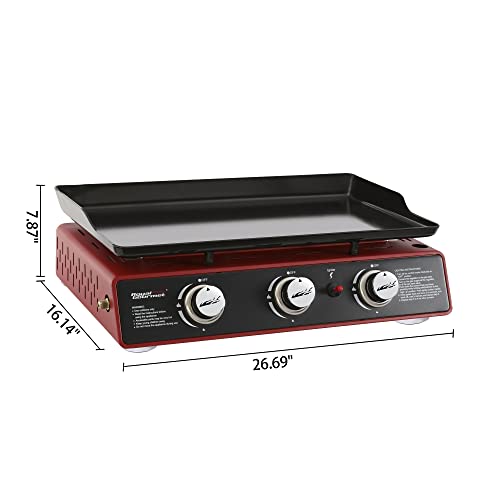 Royal Gourmet PD1301R Portable 24-Inch 3-Burner Table Top Gas Grill Griddle with Cover, 25,500 BTUs, Outdoor Cooking Camping or Tailgating, Red