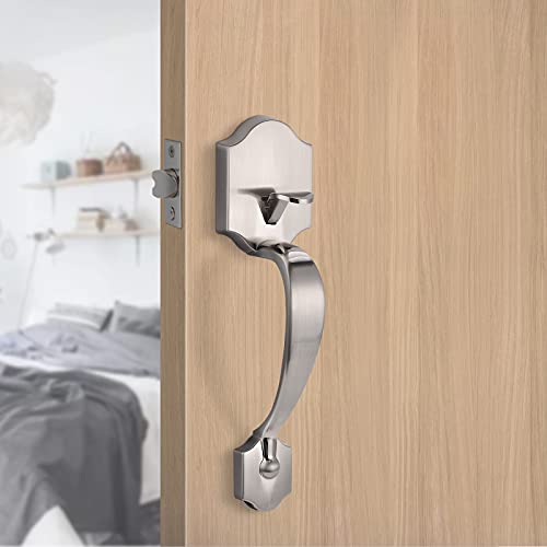 Single Cylinder HandleSet Double Side Door Handle for Entrance and Front Door Reversible for Right and Left Handed Doors, Camelot Trim Lower Half Handle Set in Satin Nickel Finish