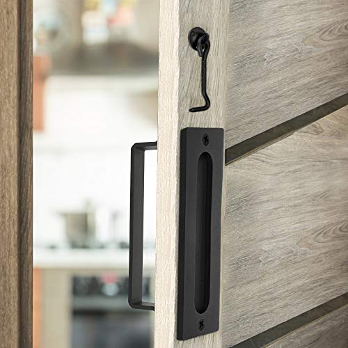 J JHOUSELIFESTYLE Barn Door Handles Matte Black, Flush Pulls with Lock Latch