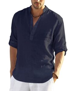 coofandy mens cotton linen henley hippie casual beach t shirt, navy blue, x-large, long sleeve