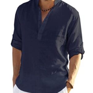 COOFANDY Mens Cotton Linen Henley Hippie Casual Beach T Shirt, Navy Blue, X-Large, Long Sleeve