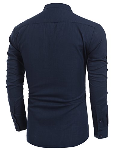 COOFANDY Mens Cotton Linen Henley Hippie Casual Beach T Shirt, Navy Blue, X-Large, Long Sleeve