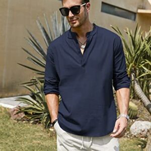 COOFANDY Mens Cotton Linen Henley Hippie Casual Beach T Shirt, Navy Blue, X-Large, Long Sleeve