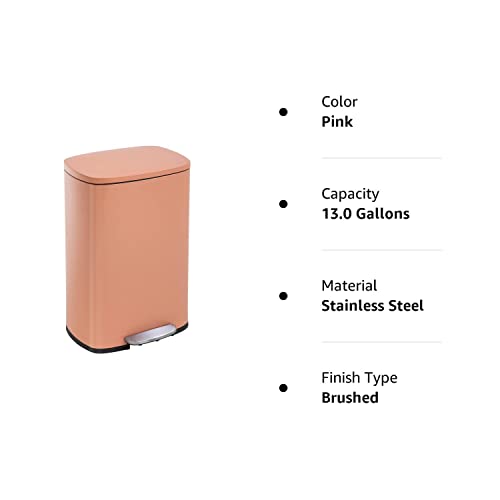 FDW Kitchen Trash Can with Lid for Office Bedroom Bathroom Step Trash Bin Fingerprint-Proof Brushed Stainless Steel Garbage Can 13 Gallon / 50 Liter, Pink