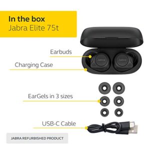 Jabra Elite 75t Black Voice Assistant Enabled True Wireless Earbuds with Charging Case (Renewed)