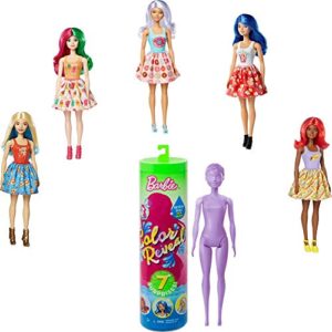 barbie color reveal doll with 7 surprises: water reveals doll’s look & creates color change on face & sculpted hair; 4 mystery bags contain surprise scented wig, skirt, shoes & sponge; food-themed