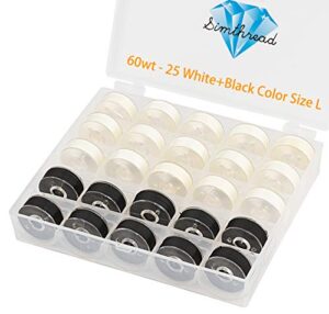 simthread 25pcs 15white + 10black prewound bobbin thread size l (sa155) 60wt for brother husqvarna pfaff embroidery thread sewing thread machine with clear storage plastic case diy