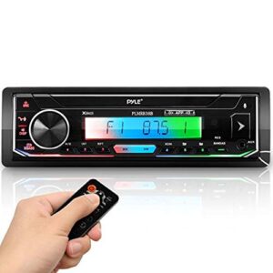 pyle bluetooth marine receiver stereo -300w single din boat marine head unit amplifier system w/ digital lcd, mic, hands-free calling, aux, mp3, usb/sd, am/fm radio, remote control- plmrb38b.5 (black)