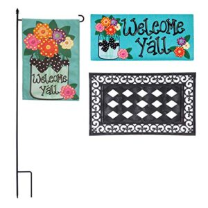 evergreen indoor outdoor welcome y'all bundle set of 4 - garden flag stand and flag, sassafras doormat frame and sassafras insert