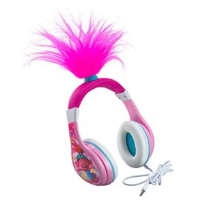 ekids trolls world tour poppy kids headphones, glow in the dark, stereo sound, 3.5mm jack, wired headphones for kids, tangle-free, volume control, childrens headphones over ear for travel (140)