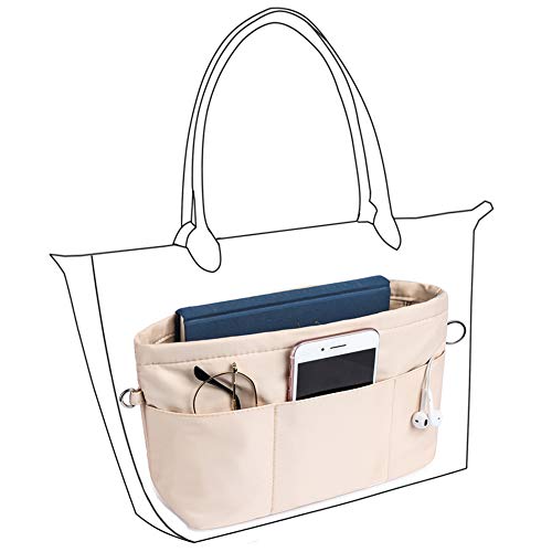 VANCORE Purse Organizer Insert with 13 Pockets, Zippered Top Insert for Handbag and Tote Bag, Inside Shaper with Zipper (Beige, Large)