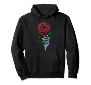 skeleton hand red rose flower pullover hoodie