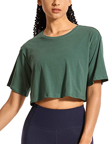 CRZ YOGA Women's Pima Cotton Workout Crop Tops Short Sleeve Yoga Shirts Casual Athletic Running T-Shirts Graphite Green Small