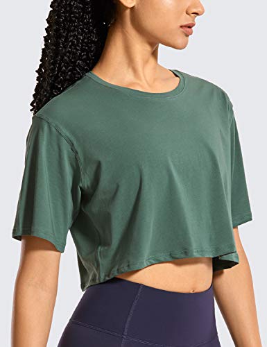 CRZ YOGA Women's Pima Cotton Workout Crop Tops Short Sleeve Yoga Shirts Casual Athletic Running T-Shirts Graphite Green Small