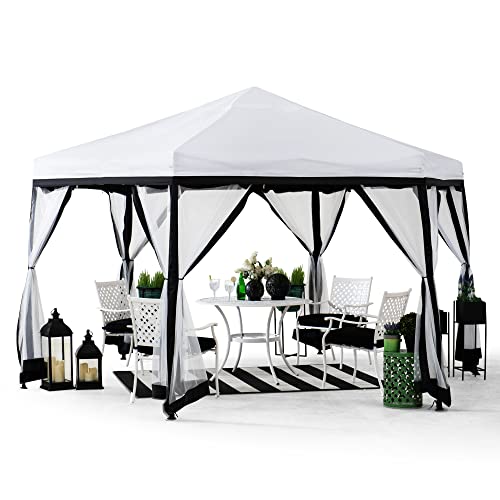 Sunjoy 11x11 ft. Pop Up Gazebo, 2-Tone Portable Canopy/Tent, Outdoor Hexagon Steel Frame Soft Top Gazebo, Mesh Sidewalls and Carry Bagcluded, White & Black