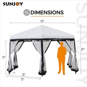 Sunjoy 11x11 ft. Pop Up Gazebo, 2-Tone Portable Canopy/Tent, Outdoor Hexagon Steel Frame Soft Top Gazebo, Mesh Sidewalls and Carry Bagcluded, White & Black