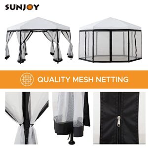 Sunjoy 11x11 ft. Pop Up Gazebo, 2-Tone Portable Canopy/Tent, Outdoor Hexagon Steel Frame Soft Top Gazebo, Mesh Sidewalls and Carry Bagcluded, White & Black