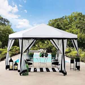 Sunjoy 11x11 ft. Pop Up Gazebo, 2-Tone Portable Canopy/Tent, Outdoor Hexagon Steel Frame Soft Top Gazebo, Mesh Sidewalls and Carry Bagcluded, White & Black