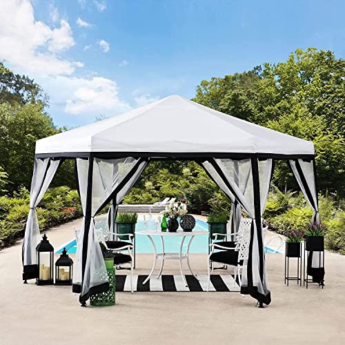 Sunjoy 11x11 ft. Pop Up Gazebo, 2-Tone Portable Canopy/Tent, Outdoor Hexagon Steel Frame Soft Top Gazebo, Mesh Sidewalls and Carry Bagcluded, White & Black