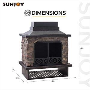 Sunjoy Outdoor Fireplace, Heavy Duty Patio Wood Burning Fireplace with Steel Chimney, Mesh Spark Screen Doors, Removable Grate and Fire Poker, Black