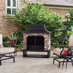 Sunjoy Outdoor Fireplace, Heavy Duty Patio Wood Burning Fireplace with Steel Chimney, Mesh Spark Screen Doors, Removable Grate and Fire Poker, Black