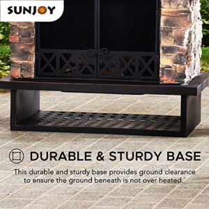 Sunjoy Outdoor Fireplace, Heavy Duty Patio Wood Burning Fireplace with Steel Chimney, Mesh Spark Screen Doors, Removable Grate and Fire Poker, Black