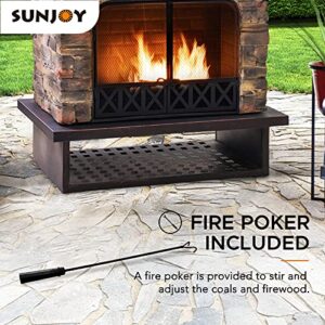 Sunjoy Outdoor Fireplace, Heavy Duty Patio Wood Burning Fireplace with Steel Chimney, Mesh Spark Screen Doors, Removable Grate and Fire Poker, Black