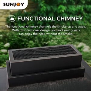 Sunjoy Outdoor Fireplace, Heavy Duty Patio Wood Burning Fireplace with Steel Chimney, Mesh Spark Screen Doors, Removable Grate and Fire Poker, Black