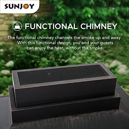 Sunjoy Outdoor Fireplace, Heavy Duty Patio Wood Burning Fireplace with Steel Chimney, Mesh Spark Screen Doors, Removable Grate and Fire Poker, Black