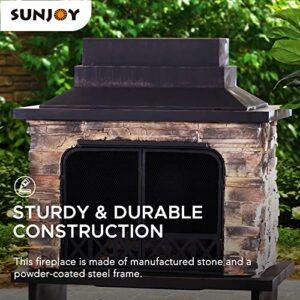 Sunjoy Outdoor Fireplace, Heavy Duty Patio Wood Burning Fireplace with Steel Chimney, Mesh Spark Screen Doors, Removable Grate and Fire Poker, Black