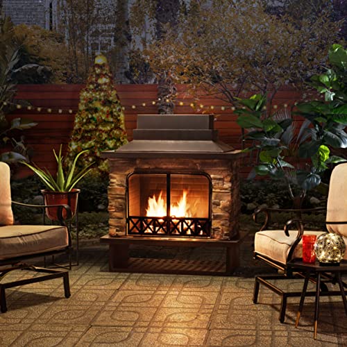 Sunjoy Outdoor Fireplace, Heavy Duty Patio Wood Burning Fireplace with Steel Chimney, Mesh Spark Screen Doors, Removable Grate and Fire Poker, Black