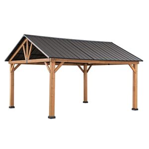 sunjoy wood gazebo 11 x 13 ft. outdoor patio premium cedar frame gazebos with matte black steel gable hardtop roof for garden, backyard shade, black roof + natural wood frame