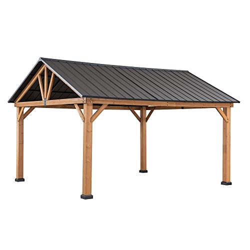 Sunjoy Wood Gazebo 11 x 13 ft. Outdoor Patio Premium Cedar Frame Gazebos with Matte Black Steel Gable Hardtop Roof for Garden, Backyard Shade, Black Roof + Natural Wood Frame