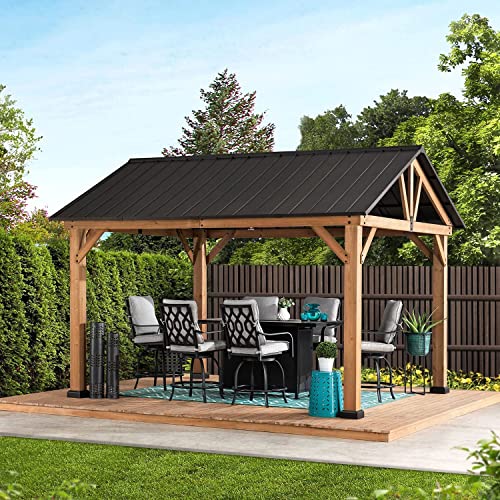 Sunjoy Wood Gazebo 11 x 13 ft. Outdoor Patio Premium Cedar Frame Gazebos with Matte Black Steel Gable Hardtop Roof for Garden, Backyard Shade, Black Roof + Natural Wood Frame