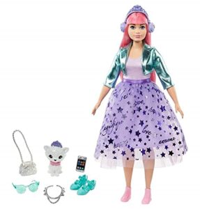 barbie princess adventure daisy doll in princess fashion (12-inch curvy) with pink hair, pet kitten, tiara, 2 pairs of shoes and accessories, for 3 to 7 year olds