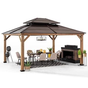 sunjoy hardtop gazebo 13' x 15' cedar framed wood gazebo with brown double steel hardtop roof permanent canopy for garden, backyard shade