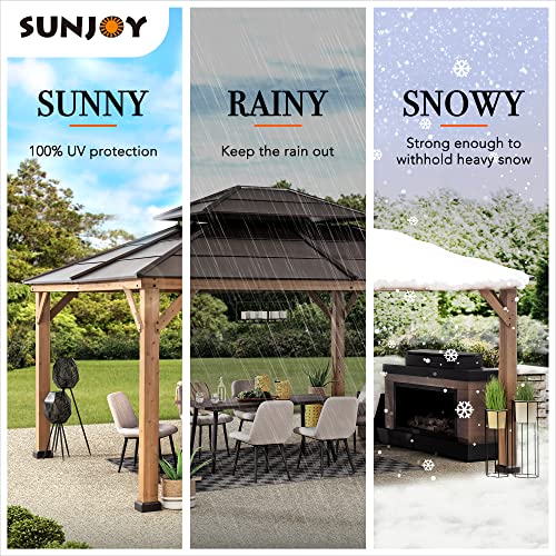 Sunjoy Hardtop Gazebo 13' X 15' Cedar Framed Wood Gazebo with Brown Double Steel Hardtop Roof Permanent Canopy for Garden, Backyard Shade