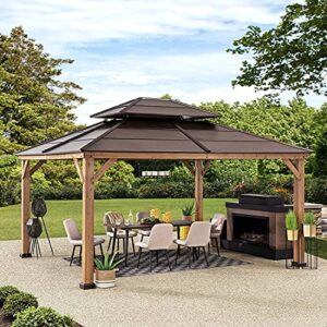 Sunjoy Hardtop Gazebo 13' X 15' Cedar Framed Wood Gazebo with Brown Double Steel Hardtop Roof Permanent Canopy for Garden, Backyard Shade