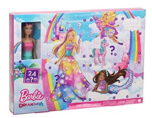 barbie dreamtopia advent calendar: blonde doll, 3 fairytale doll fashions, 10 accessories and 10 storytelling pieces including 3 pets, for 3 to 7 years old