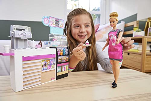 Barbie Coffee Shop with Doll and 20+ Realistic Play Pieces: Coffee Shop, Coffee-Smoothie Maker, Milk, Syrup, Snacks & More; for Ages 3 Years Old & Up - GMW03