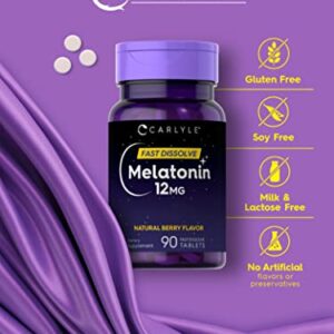 Carlyle Melatonin 12 mg Fast Dissolve 90 Tablets | Natural Berry Flavor | Vegetarian, Non-GMO, Gluten Free