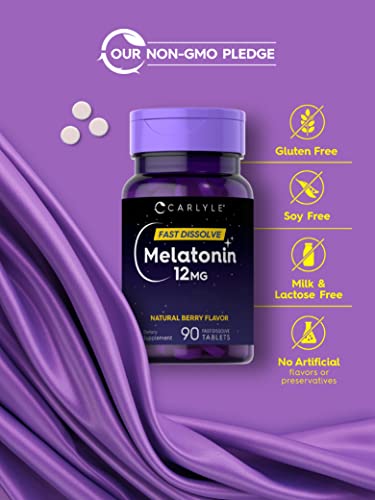 Carlyle Melatonin 12 mg Fast Dissolve 90 Tablets | Natural Berry Flavor | Vegetarian, Non-GMO, Gluten Free