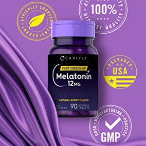 Carlyle Melatonin 12 mg Fast Dissolve 90 Tablets | Natural Berry Flavor | Vegetarian, Non-GMO, Gluten Free