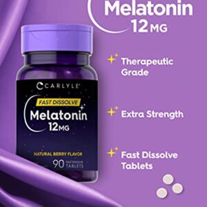 Carlyle Melatonin 12 mg Fast Dissolve 90 Tablets | Natural Berry Flavor | Vegetarian, Non-GMO, Gluten Free