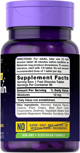 Carlyle Melatonin 12 mg Fast Dissolve 90 Tablets | Natural Berry Flavor | Vegetarian, Non-GMO, Gluten Free