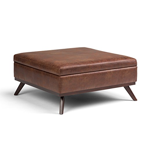 SIMPLIHOME Owen 36 Inch Wide Mid Century Modern Square Coffee Table Lift Top Storage Ottoman in Upholstered Distressed Saddle Brown Faux Leather, For the Living Room