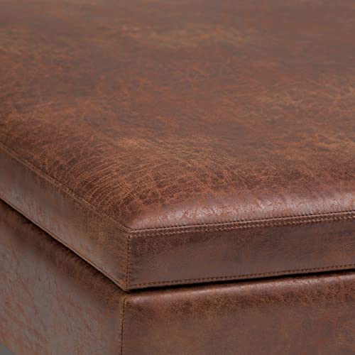 SIMPLIHOME Owen 36 Inch Wide Mid Century Modern Square Coffee Table Lift Top Storage Ottoman in Upholstered Distressed Saddle Brown Faux Leather, For the Living Room