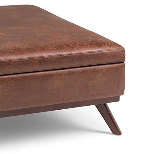 SIMPLIHOME Owen 36 Inch Wide Mid Century Modern Square Coffee Table Lift Top Storage Ottoman in Upholstered Distressed Saddle Brown Faux Leather, For the Living Room