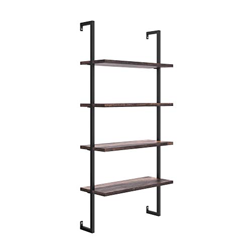 Nathan James Theo 4-Shelf Bookcase, Floating Wall Mount Shelves with Natural Wood and Industrial Pipe Metal Frame, Nutmeg/Black