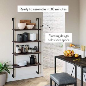 Nathan James Theo 4-Shelf Bookcase, Floating Wall Mount Shelves with Natural Wood and Industrial Pipe Metal Frame, Nutmeg/Black